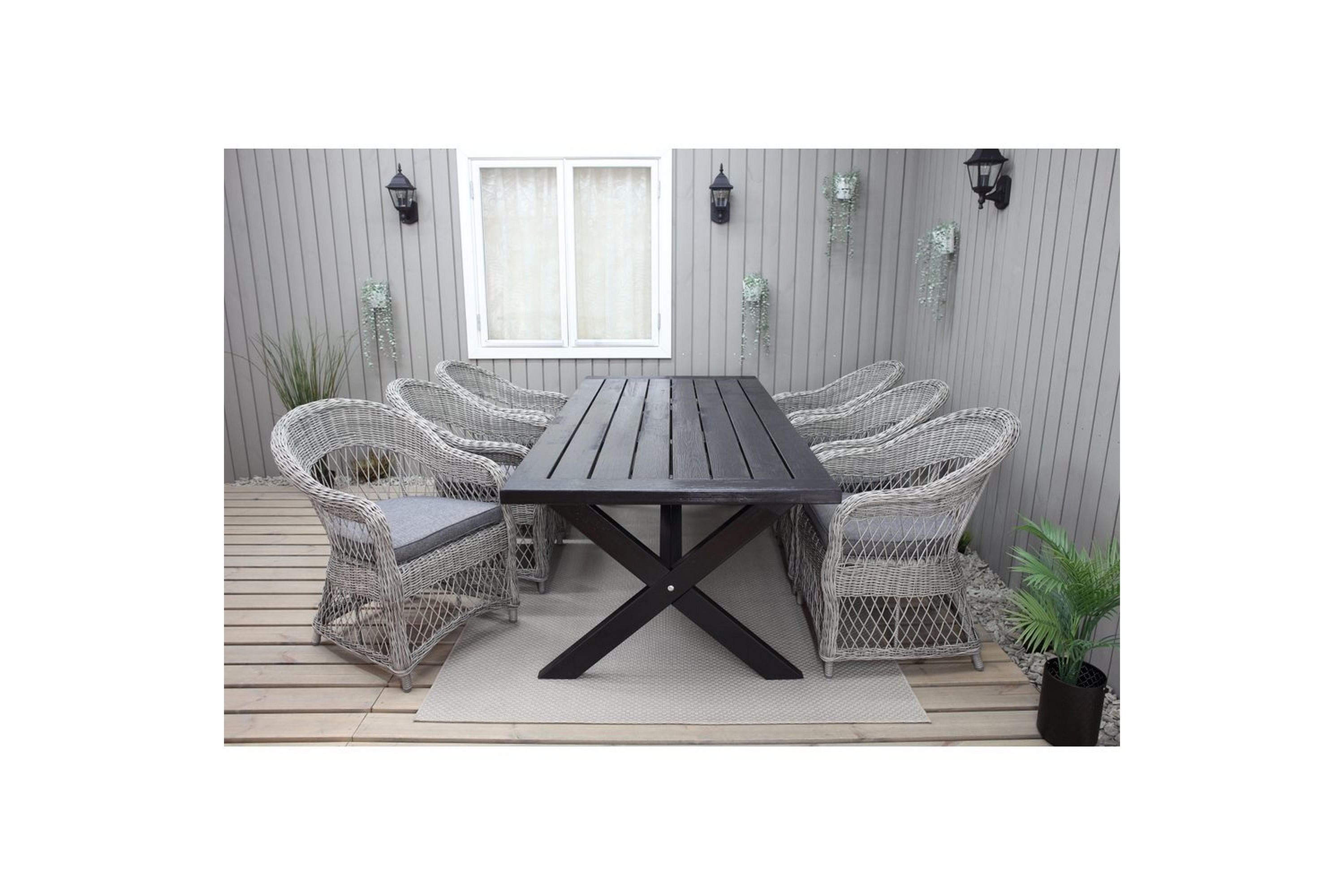 Utendørs møbelgruppe 220 cm bord 26 6 Merida grå stoler Svart Svart ...