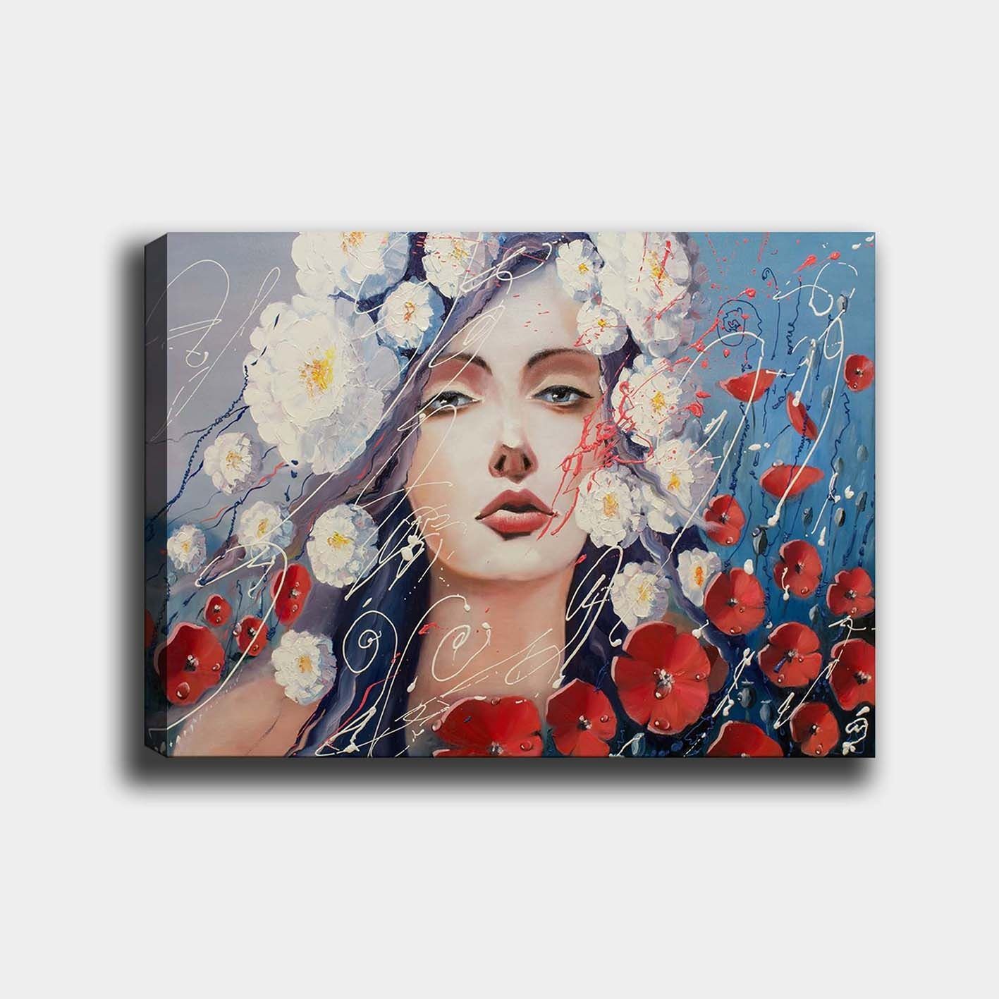 Canvastavla 70x100 cm - Kvinna med blommor i håret, omgiven av röda ...