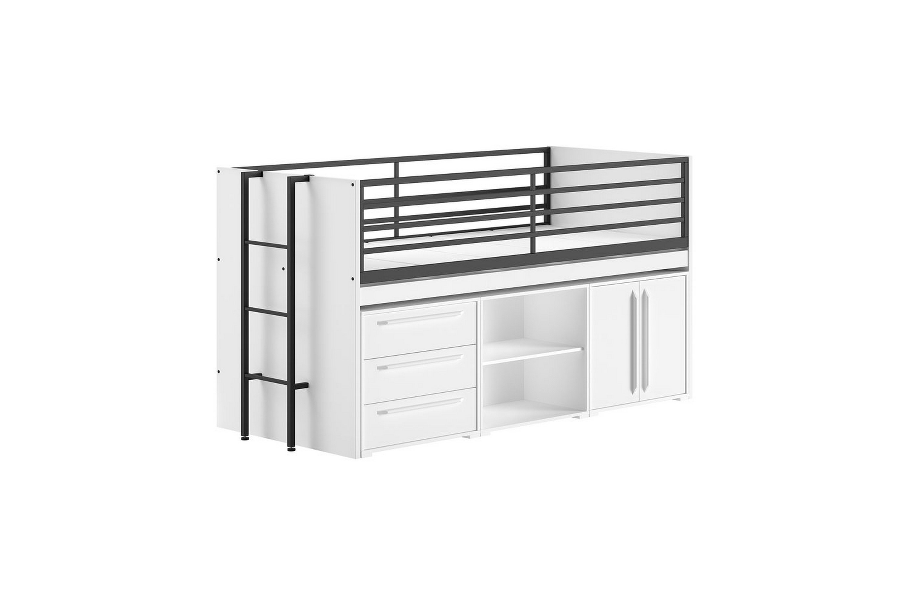 Halvhög Säng med bokhylla, skåp med 2 dörrar och byrå med 3 Lådor Sam ...