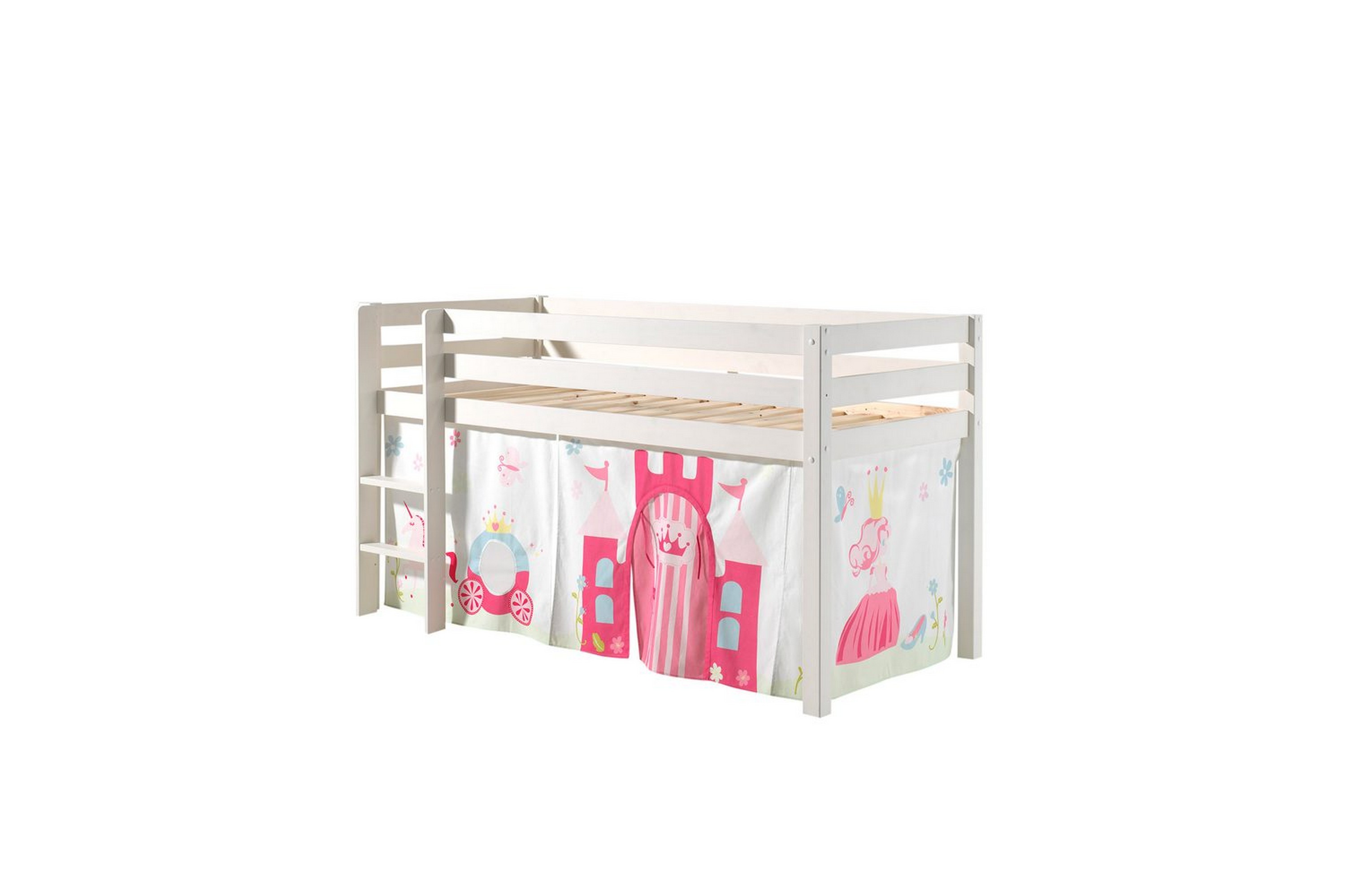 Halvhöjdssäng med gardin Pino Princess Vit, Vit, Utan rutschkana, Utan ...