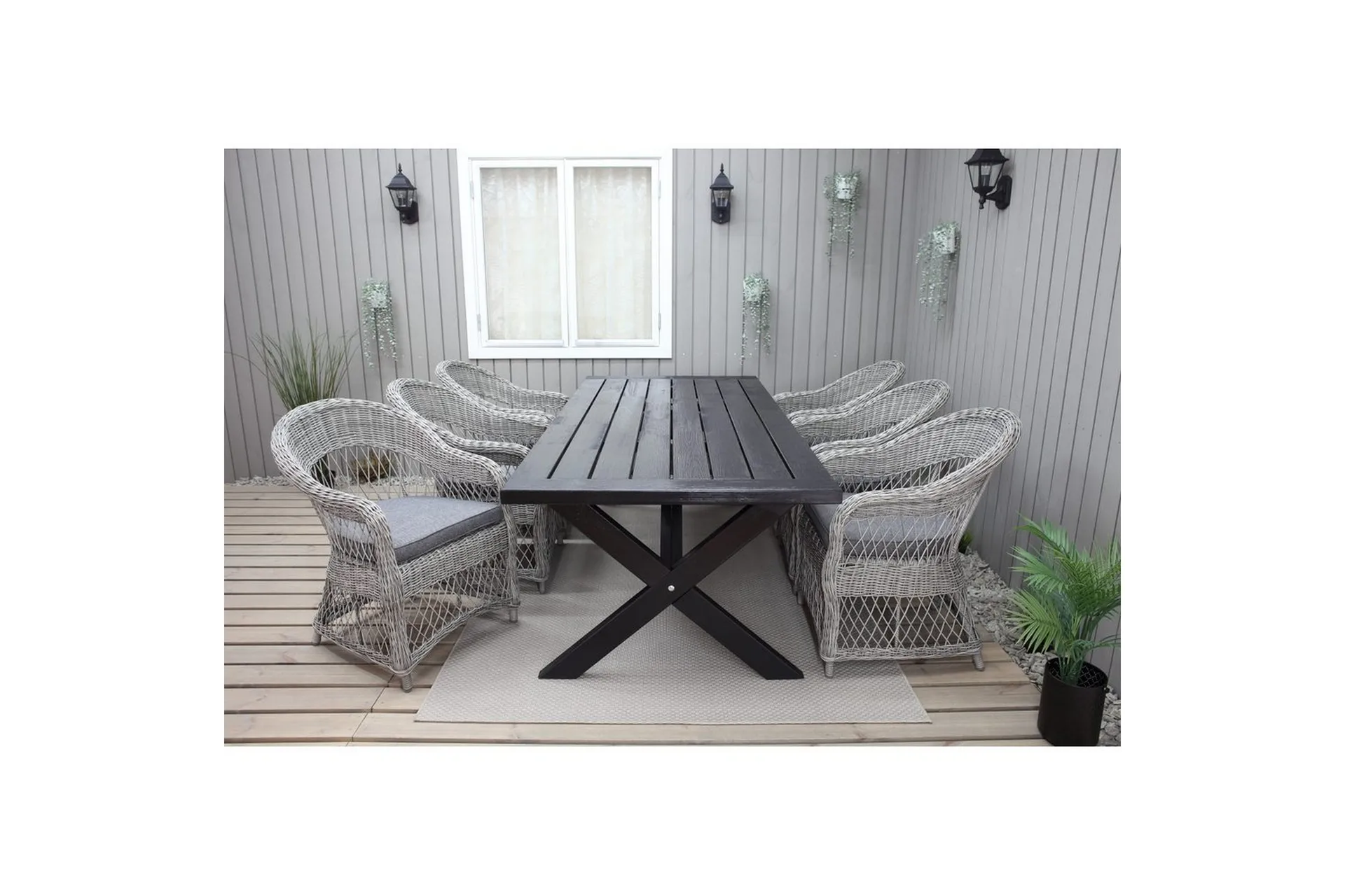 Utomhusmöbelgrupp 220 cm bord & 6 Merida grå stolar Svart Svart ...